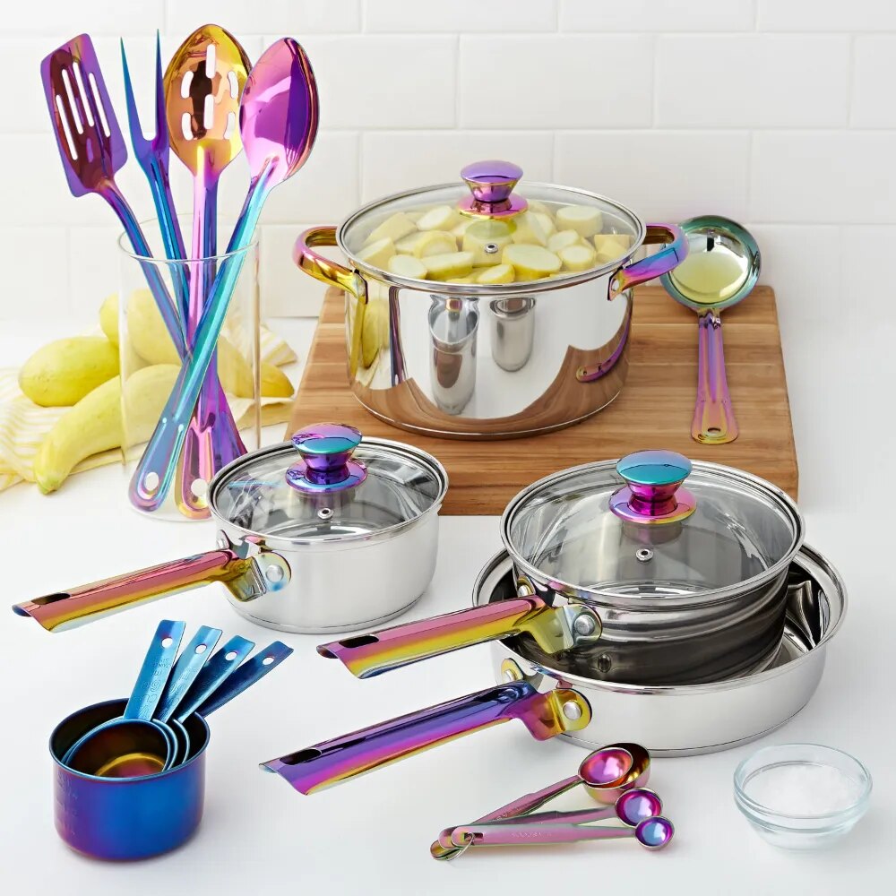 New 20-Piece Rainbow Stainless-Steel Non-Stick Cookware Set with Kitch ...